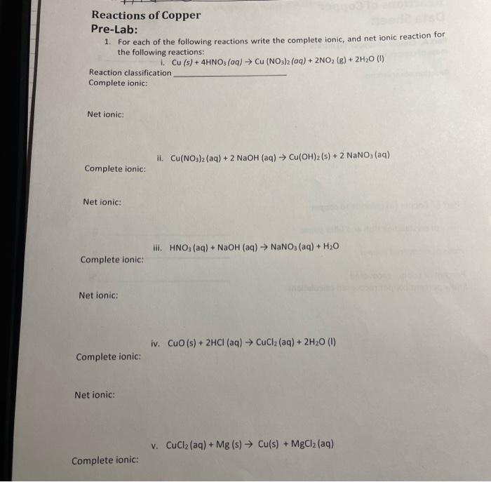 Solved i. Cu(s)+4HNO3(aq)→Cu(NO3)2(aq)+2NO2( g)+2H2O(l) | Chegg.com