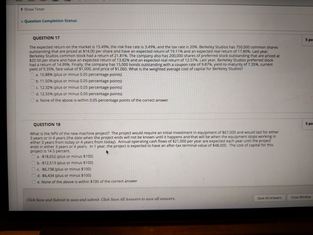 Solved Show Timer Question Completion Status: QUESTION 17 5 | Chegg.com