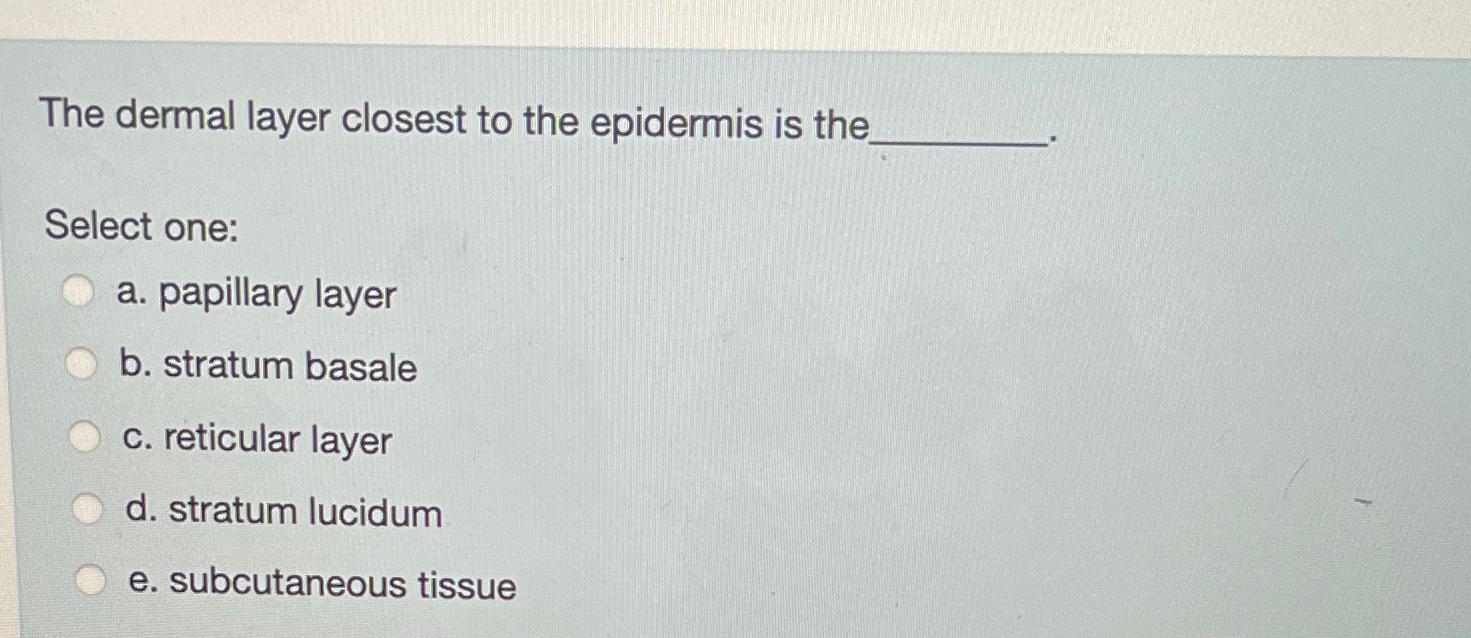 Solved The dermal layer closest to the epidermis is | Chegg.com