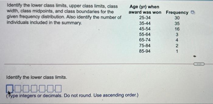 Solved Identify the lower class limits, upper class limits, | Chegg.com