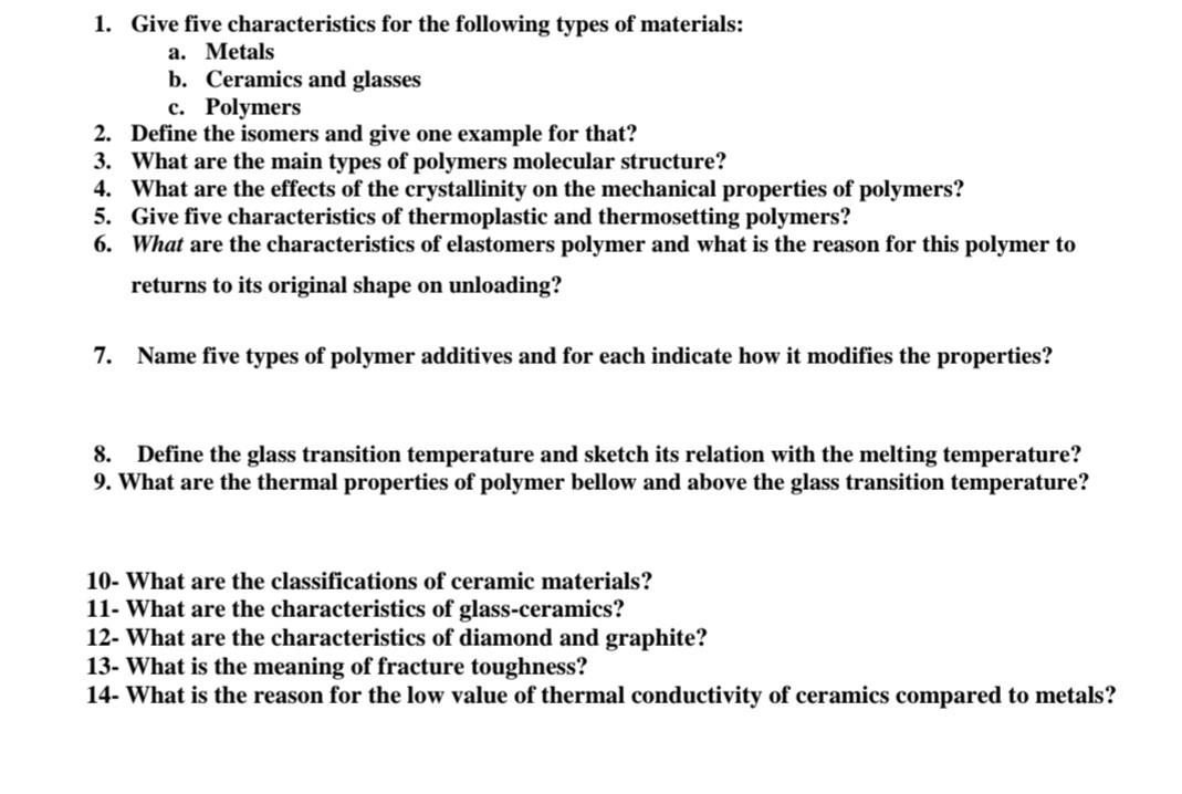 Solved 1. Give five characteristics for the following types | Chegg.com