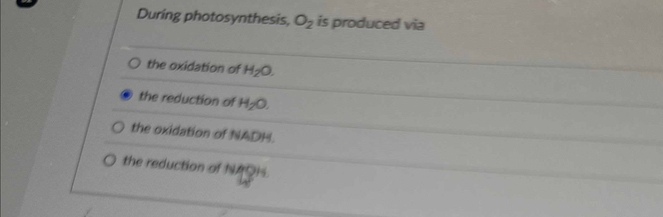 Solved During photosynthesis, O2 ﻿is produced viathe | Chegg.com