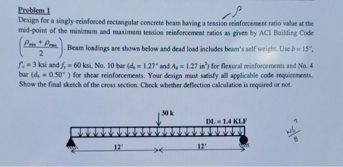 Solved Problem 1 Design for a singly-reinforced rectangular | Chegg.com