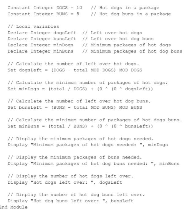 Solved Programming Exercise 3-14 (Hotdog Cookout Calculater) | Chegg.com