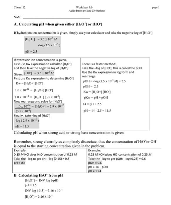 Solved A. Calculating pH when given either [H3O+]or [HO−] If | Chegg.com