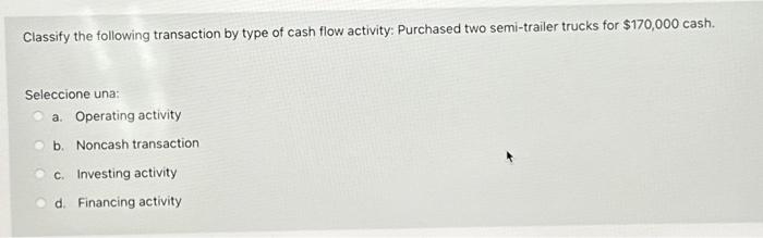 Solved Classify the following transaction by type of cash | Chegg.com