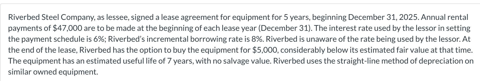 Solved Riverbed Steel Company, as lessee, signed a lease | Chegg.com