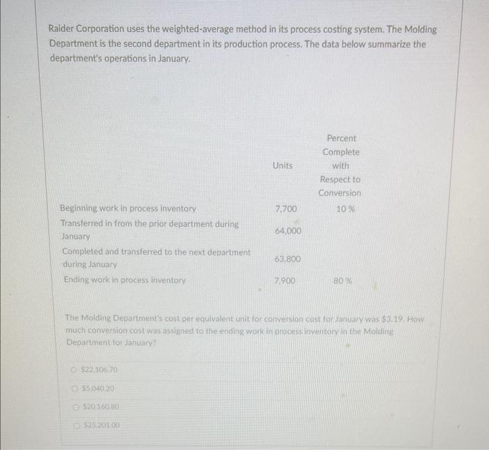 Solved Raider Corporation uses the weighted-average method | Chegg.com Solved Raider Corporation uses the weighted-average method | Chegg.com