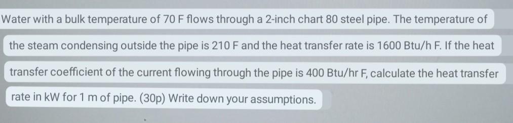 Solved Water with a bulk temperature of 70 F flows through a | Chegg.com