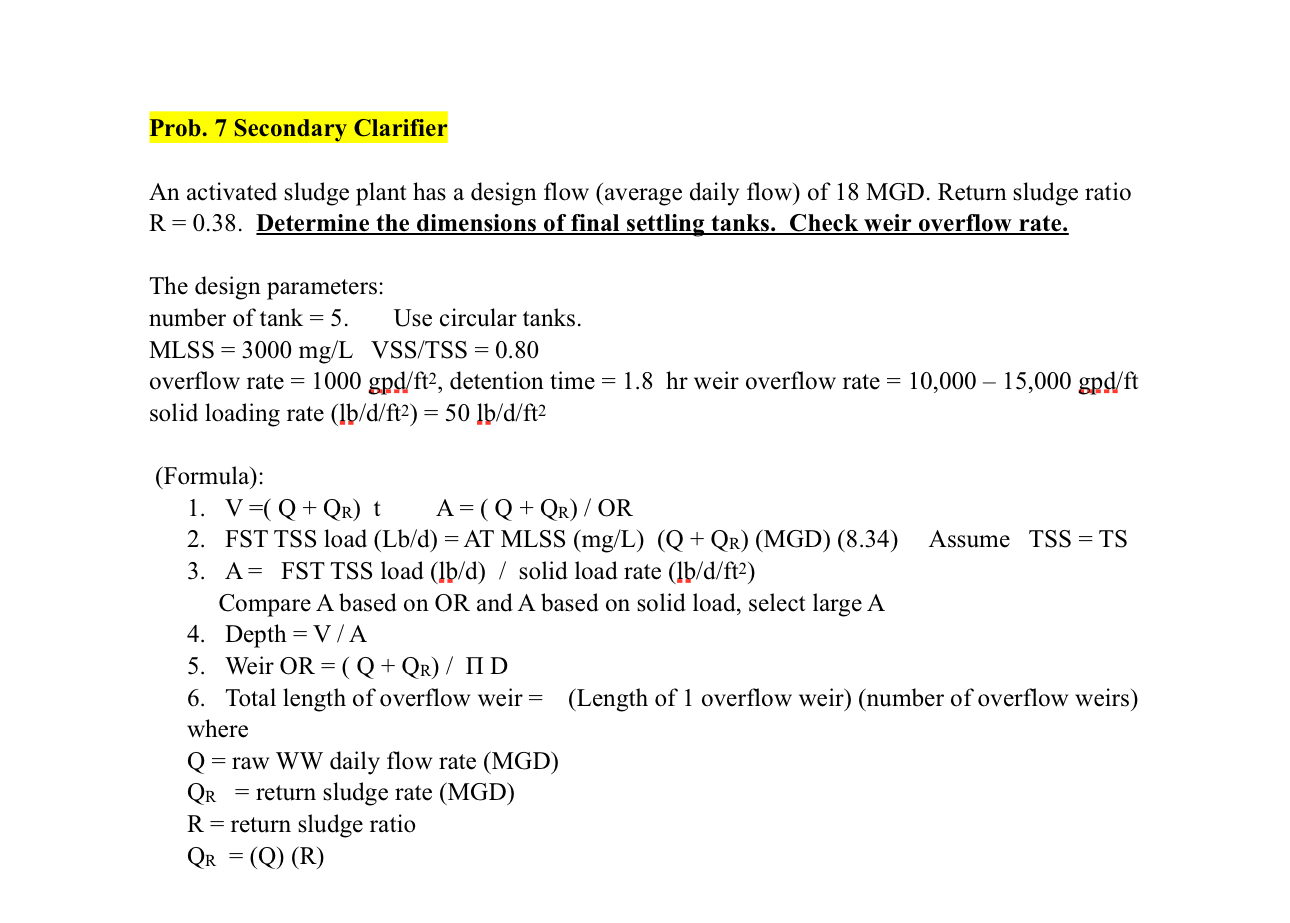 Solved Prob. 7 ﻿Secondary ClarifierAn activated sludge plant | Chegg.com