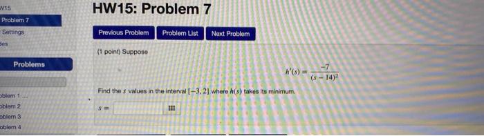 Solved HW15: Problem 7 N15 Problem 7 Settings ses Previous | Chegg.com