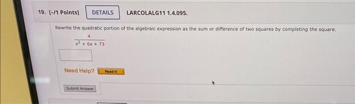 Solved Rewrite the quadratic portion of the algebraic | Chegg.com