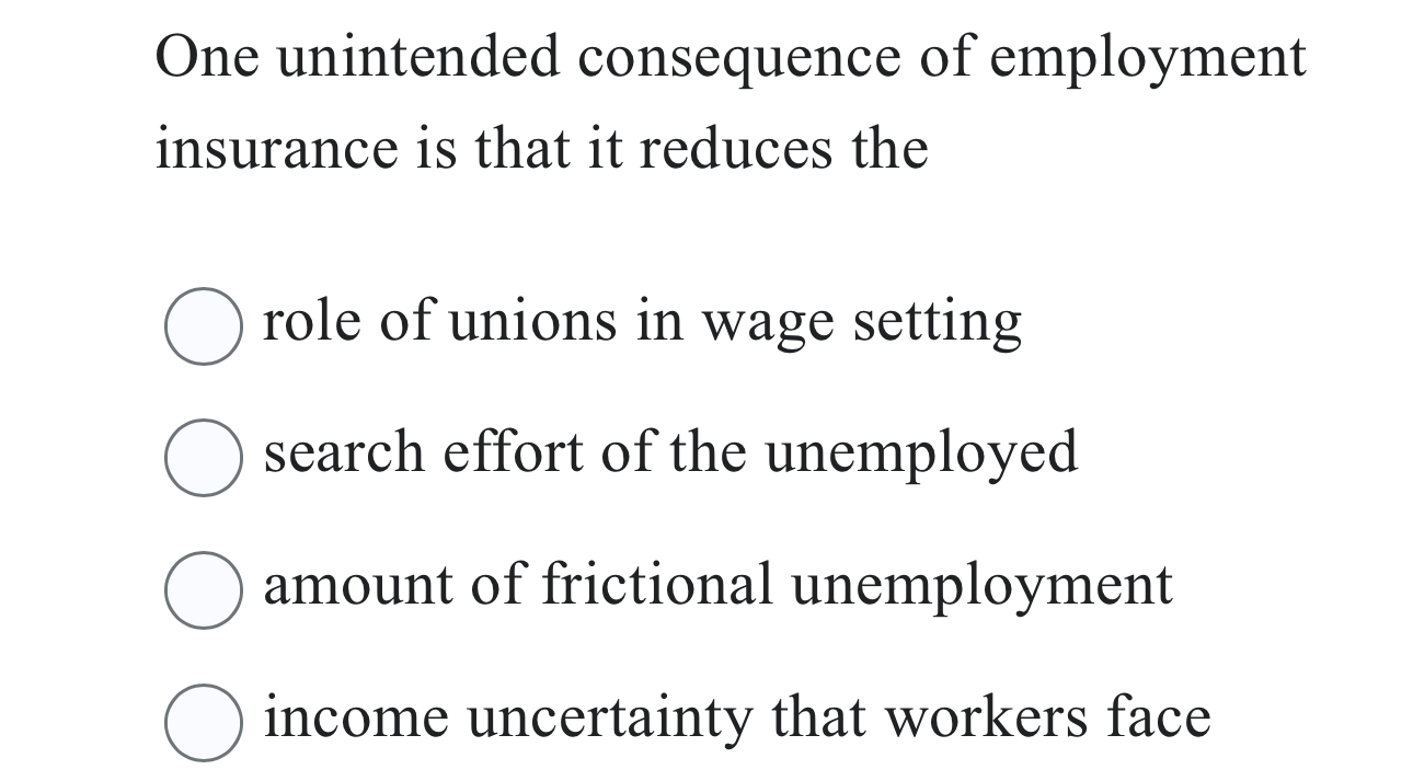 Solved One unintended consequence of employment insurance is | Chegg.com