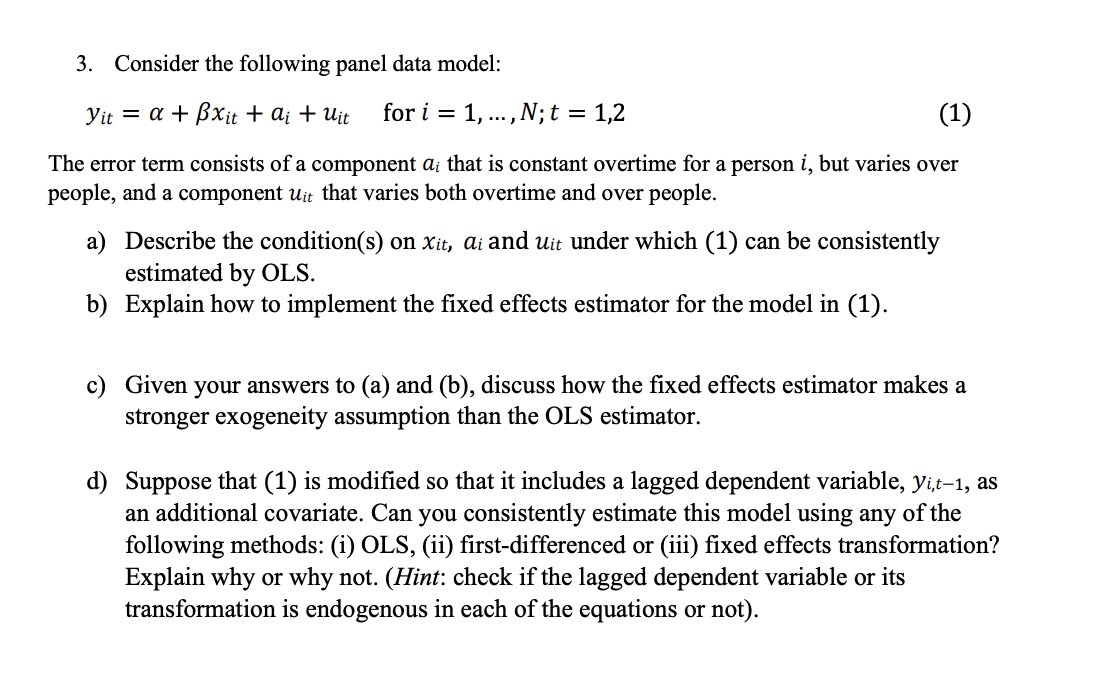 Solved Consider the following panel data | Chegg.com