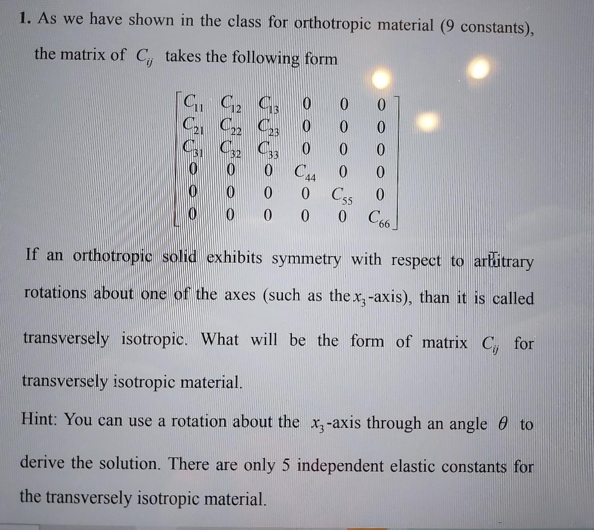 Solved 1. As we have shown in the class for orthotropic | Chegg.com