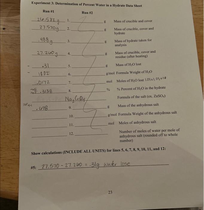 Experiment 3: Determination of Percent Water in a | Chegg.com