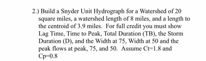Solved 2.) Build a Snyder Unit Hydrograph for a Watershed of | Chegg.com