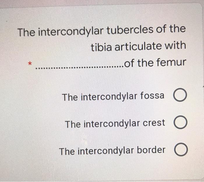 Solved The intercondylar tubercles of the tibia articulate | Chegg.com