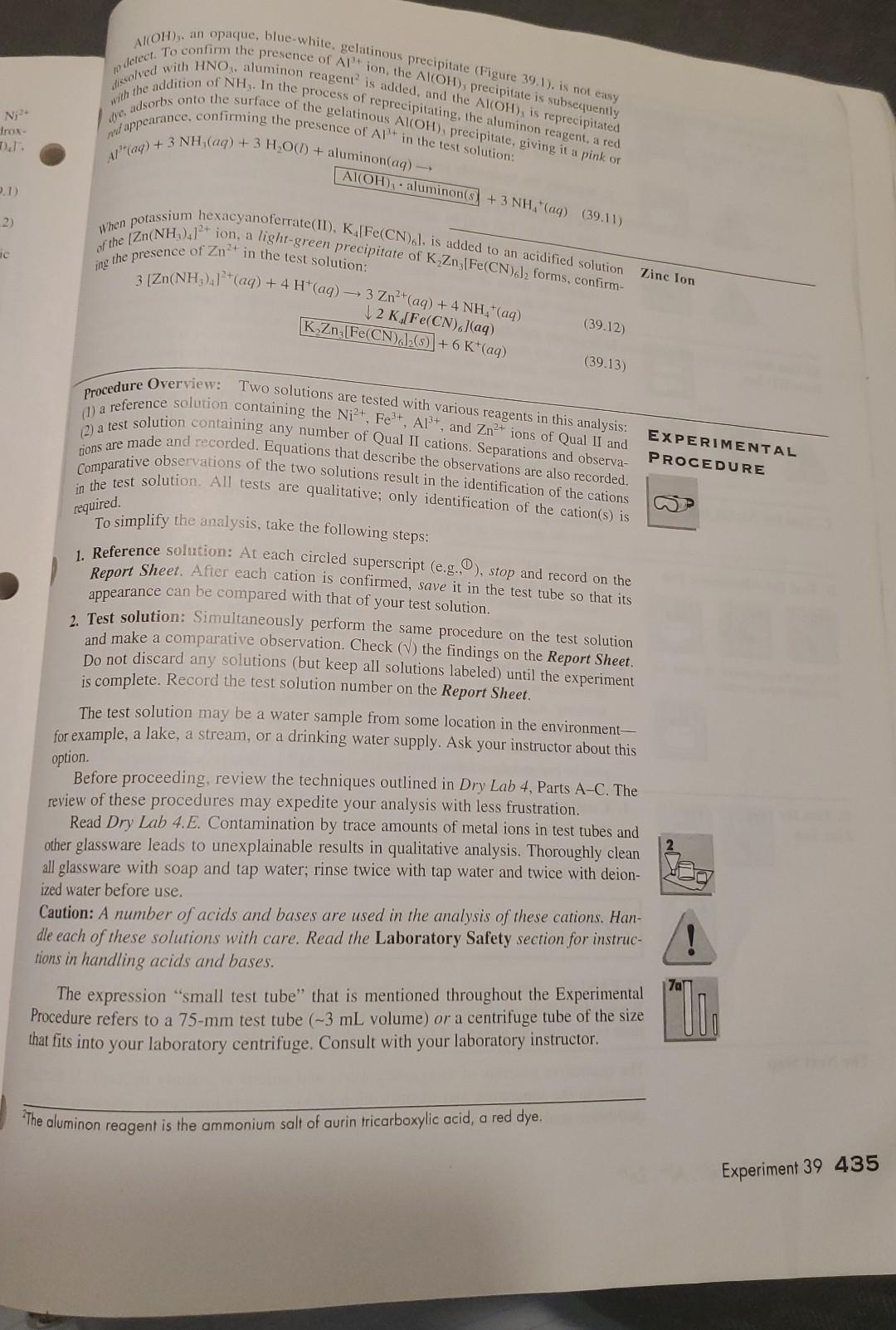 Solved Qual II. Ni2+,Fe3+,Al3+,Zn2+ Date Lab Sec. Name 1. | Chegg.com