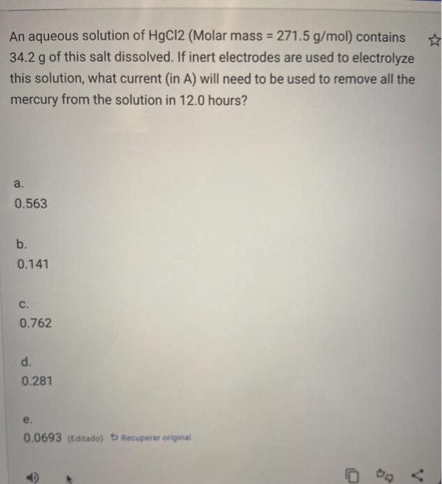 Solved An aqueous solution of HgCl2 (Molar mass = 271.5 | Chegg.com