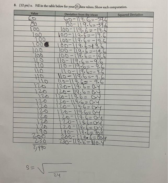 Solved 8. (12 pts) a. Fill in the table below for your 25 | Chegg.com
