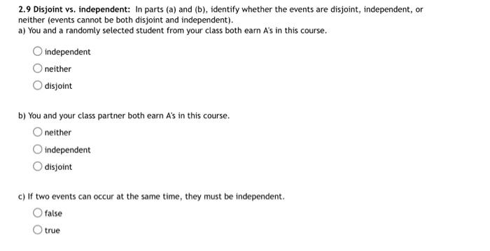 Solved 2.9 Disjoint vs. independent: In parts (a) and (b), | Chegg.com