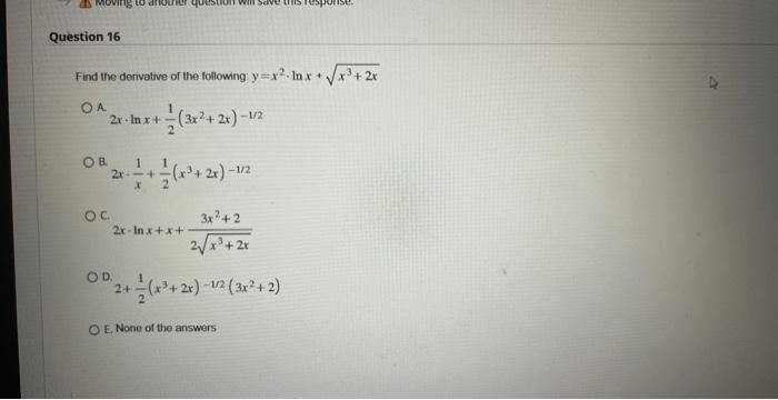 Solved Find the derivative of the following y=x2⋅lnx+x3+2x | Chegg.com