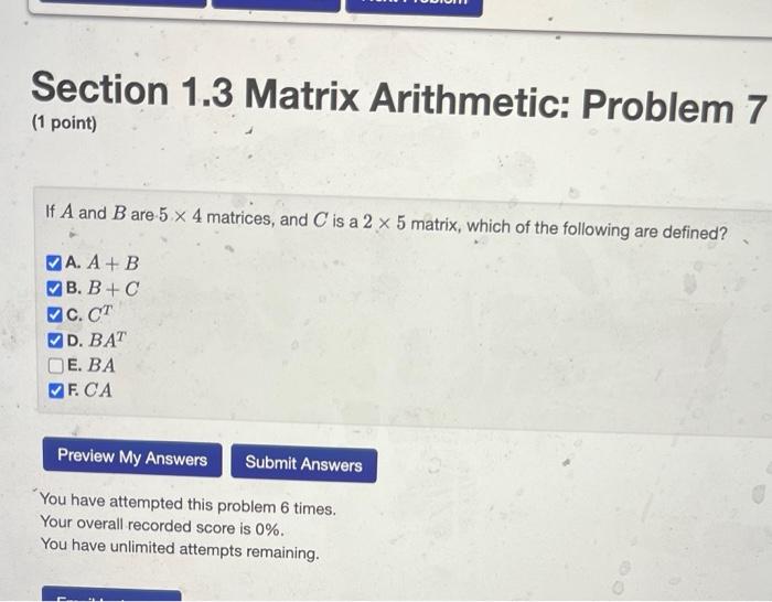 Solved Section 1 3 Matrix Arithmetic Problem 7 1 Point If