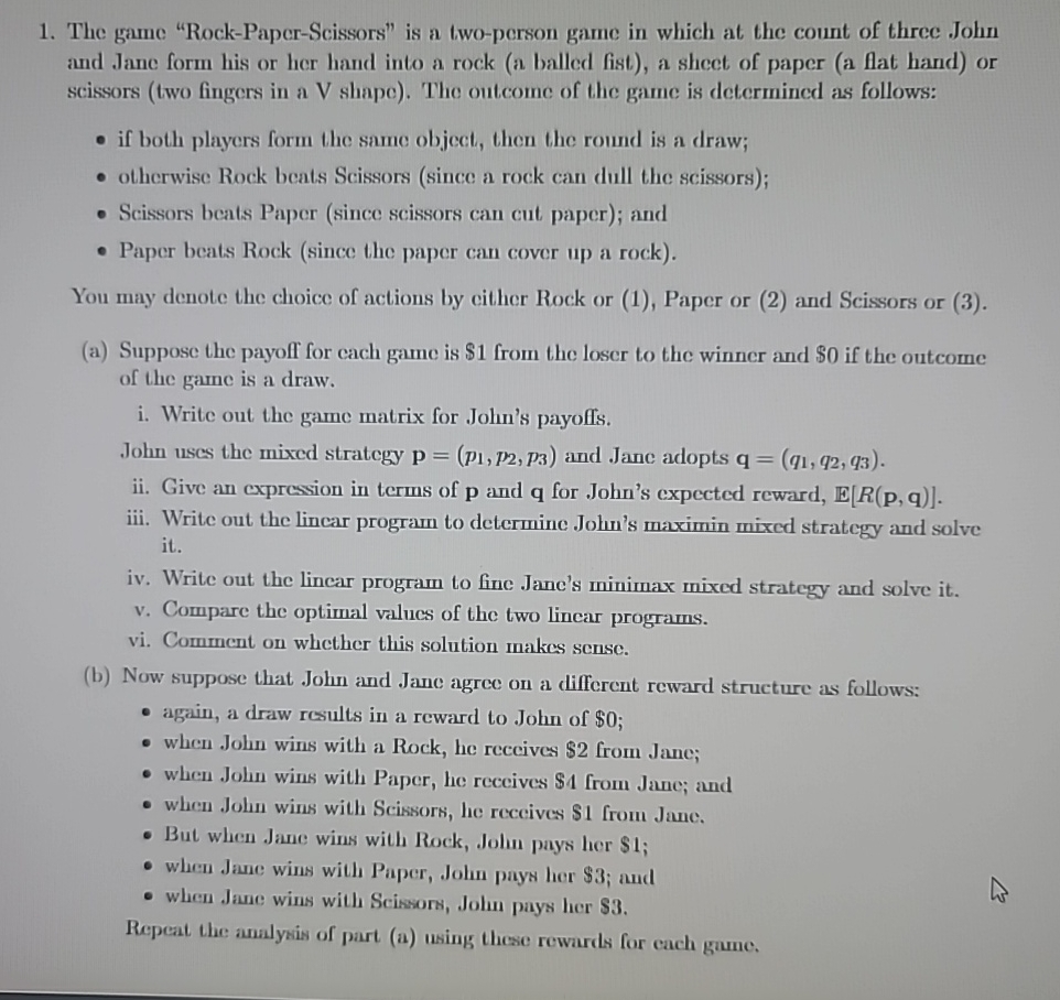 Solved The game "Rock-Paper-Scissors" is a two-person game | Chegg.com