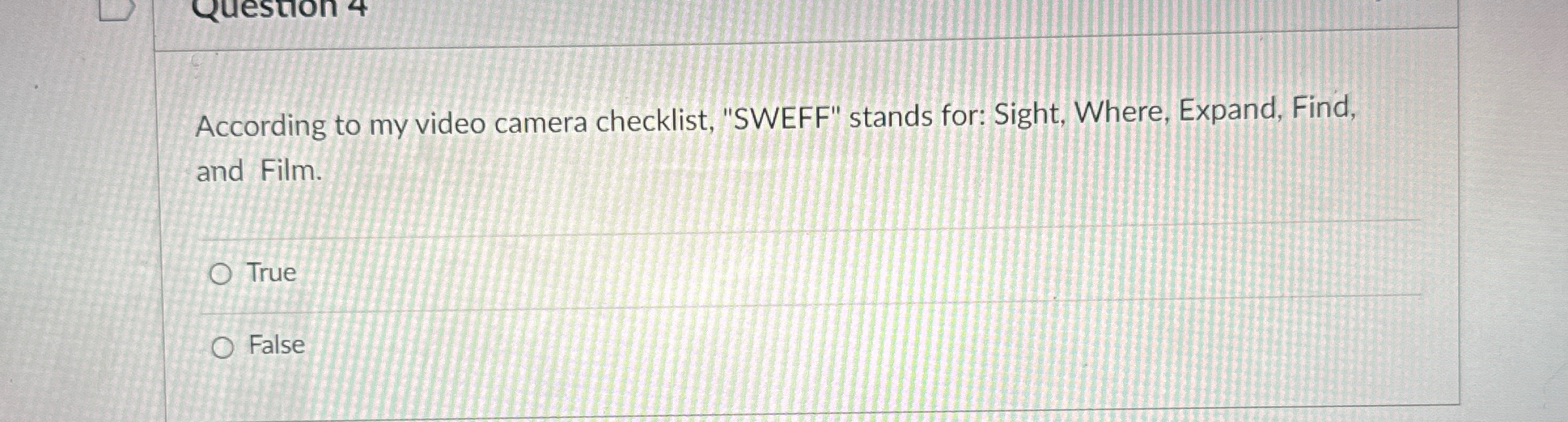 Solved According to my video camera checklist, "SWEFF" | Chegg.com