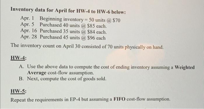 Solved Inventory data for April for HW-4 to HW-6 below: Apr. | Chegg.com