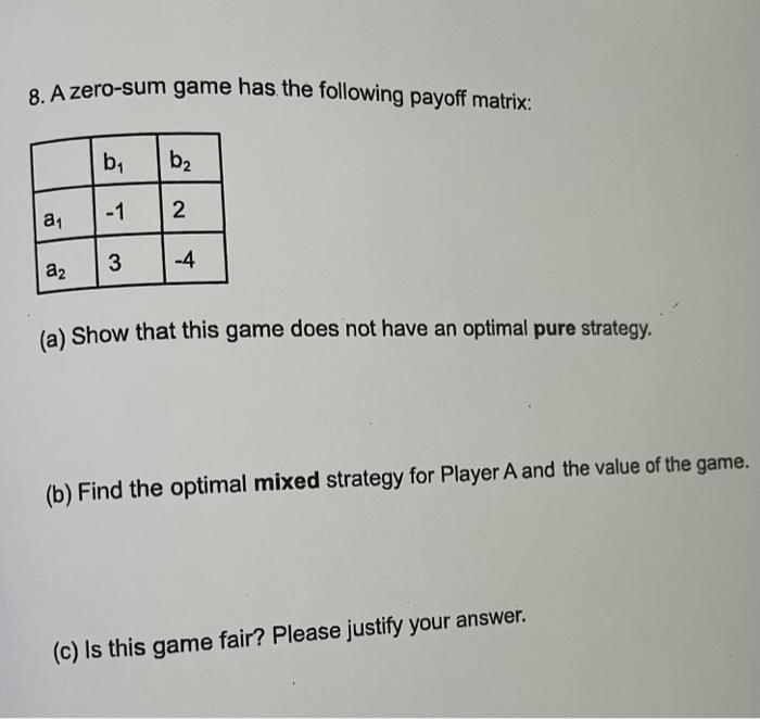 Solved 8. A zero-sum game has the following payoff matrix: | Chegg.com