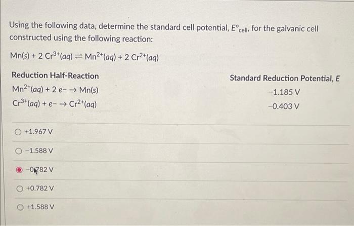 Solved Using The Following Data Determine The Standard Cell