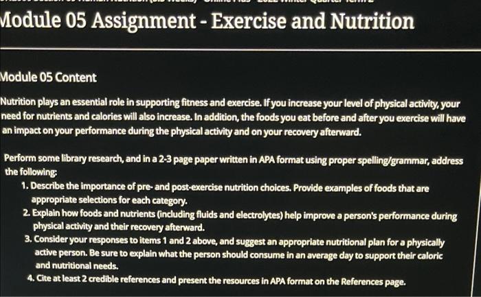 Solved Module 05 Assignment - Exercise and Nutrition Module | Chegg.com