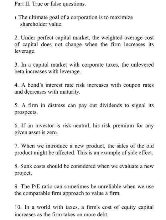 Solved Part II. True or false questions. ASAP WITHOUT | Chegg.com
