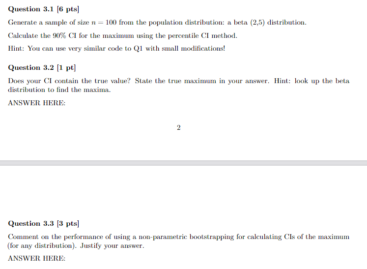Solved Question 3.1 [6 ﻿pts]Generate a sample of size n=100 | Chegg.com