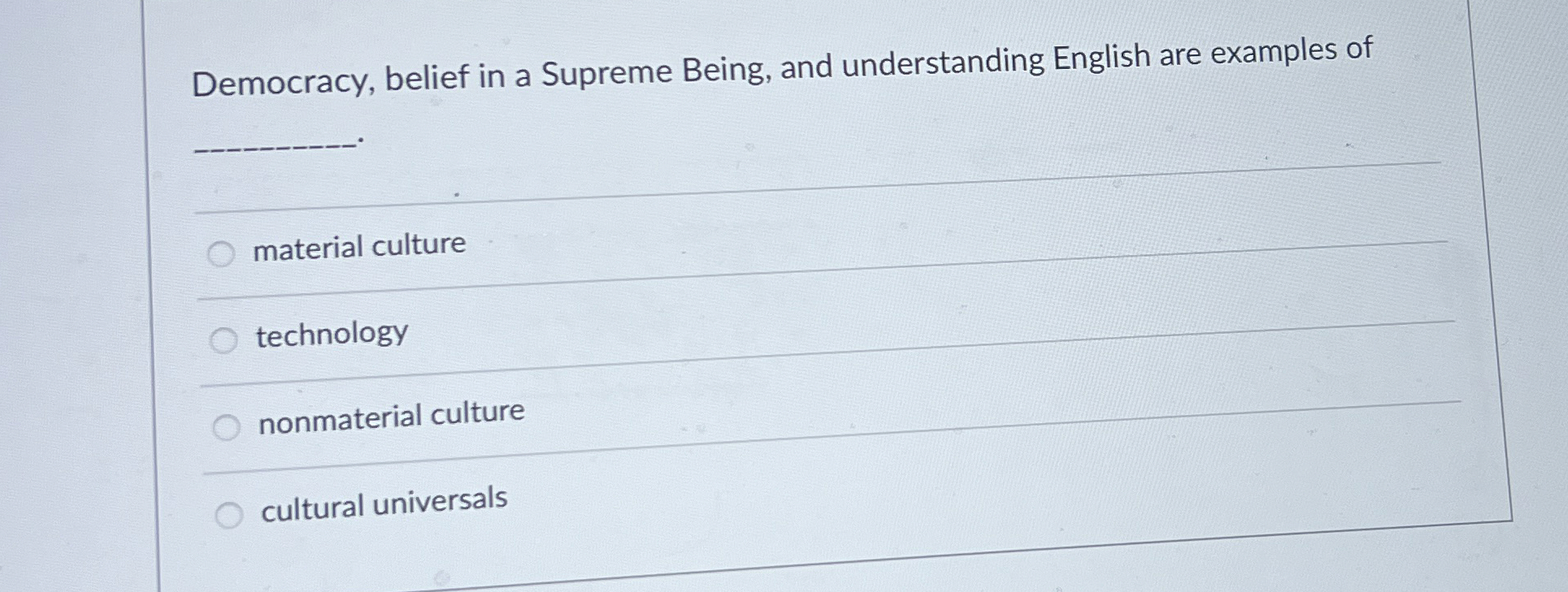 Solved Democracy, belief in a Supreme Being, and | Chegg.com
