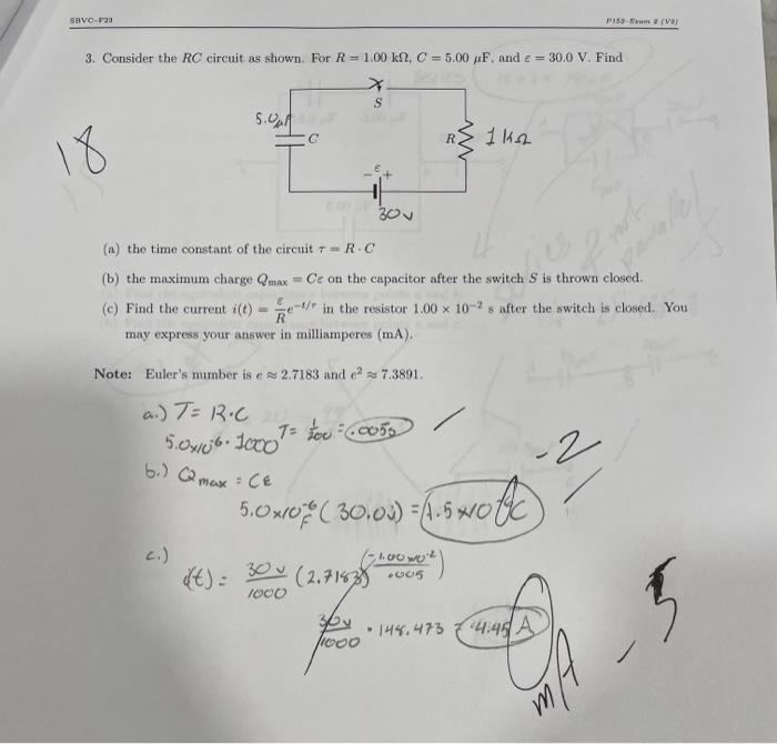 Solved 3. Consider the RC circuit as shown. For | Chegg.com