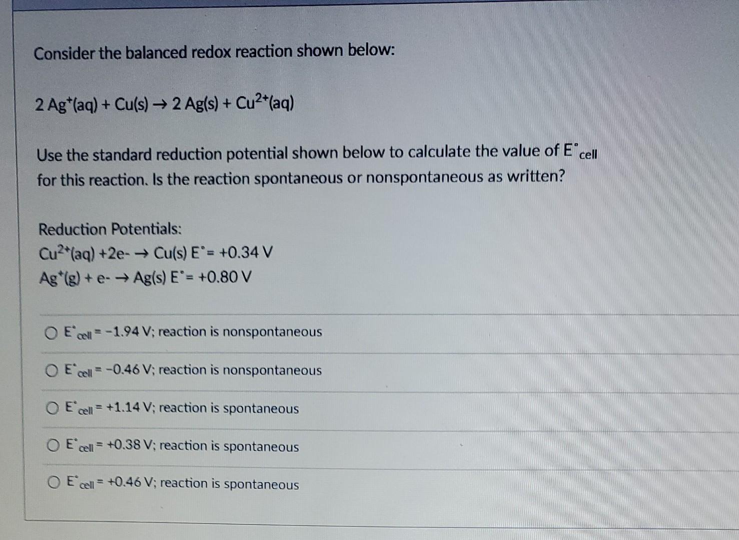 Solved Consider the balanced redox reaction shown below: | Chegg.com