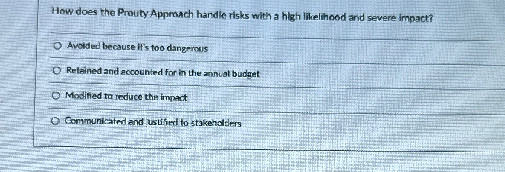 Solved How does the Prouty Approach handle risks with a high | Chegg.com