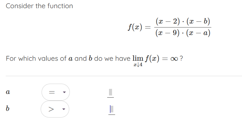 Solved Consider the functionf(x)=(x-2)*(x-b)(x-9)*(x-a)For | Chegg.com