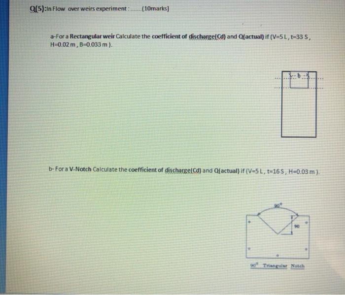 Solved Q(5):In Flow over weirs experiment: (10marks) a-For a | Chegg.com