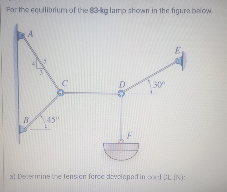 Solved For the equilibrium of the 83-kg lamp shown in the | Chegg.com