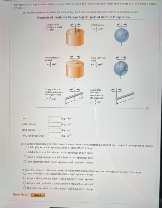 Solved Four objects-a hoop, a solid cylinder, a solid | Chegg.com