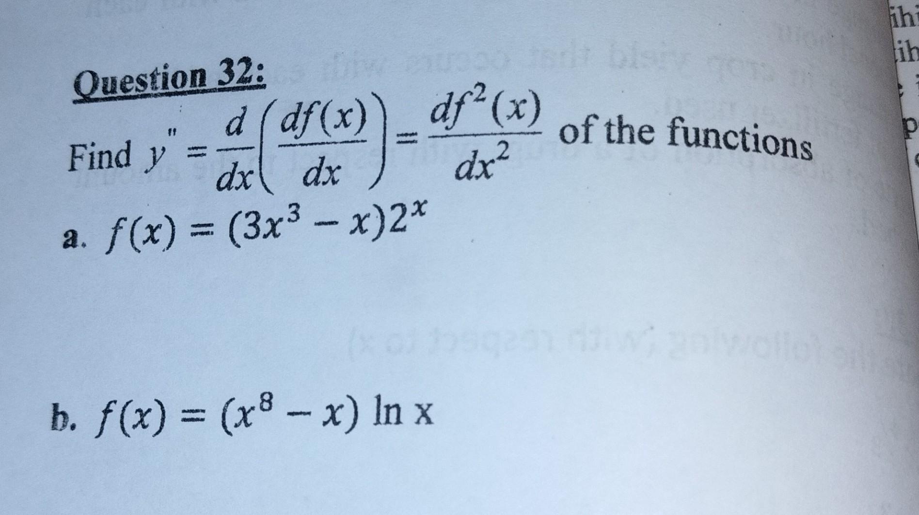 Solved Question 32: Find y′′=dxd(dxdf(x))=dx2df2(x) of the | Chegg.com