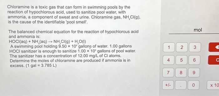 Solved Chloramine is a toxic gas that can form in swimming | Chegg.com
