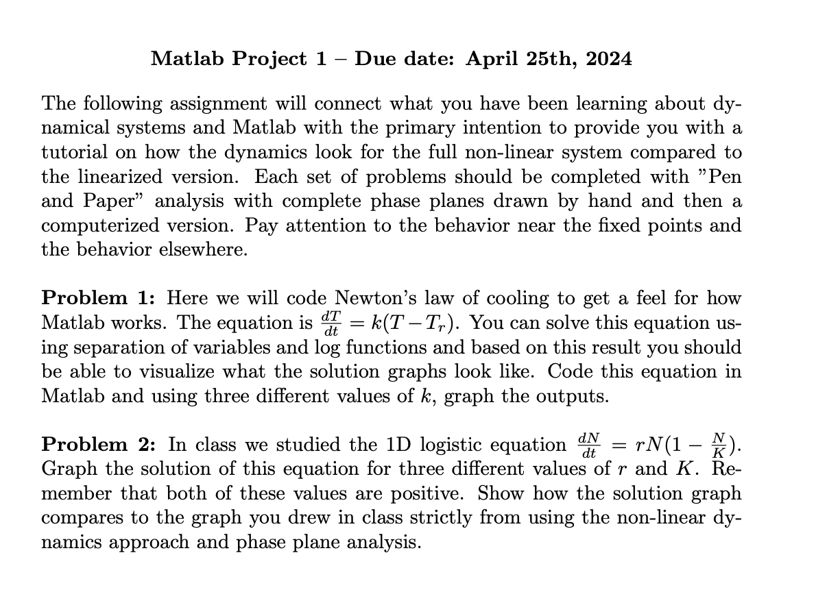 Solved Matlab Project 1 - ﻿Due date: April 25th, 2024The | Chegg.com