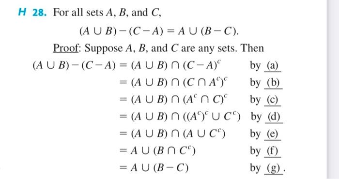 Solved H 28. For all sets A,B, and C, (A∪B)−(C−A)=A∪(B−C). | Chegg.com