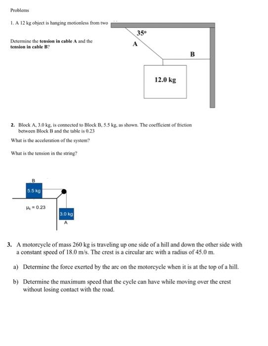 Solved Problems 1. A 12 kg object is hanging motionless from | Chegg.com