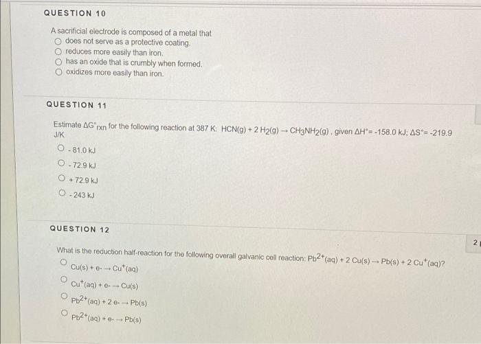 Solved QUESTION 10 A sacrificial electrode is composed of a | Chegg.com